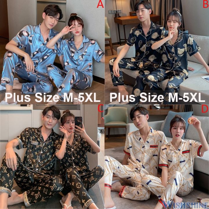 พลัสขนาด M-5XL ผู้ชายผู้หญิงคู่แขนสั้นชุดนอนผ้าซาตินผ้าไหมชุดชายหญิงชุดนอนหวาน | Lazada.co.th