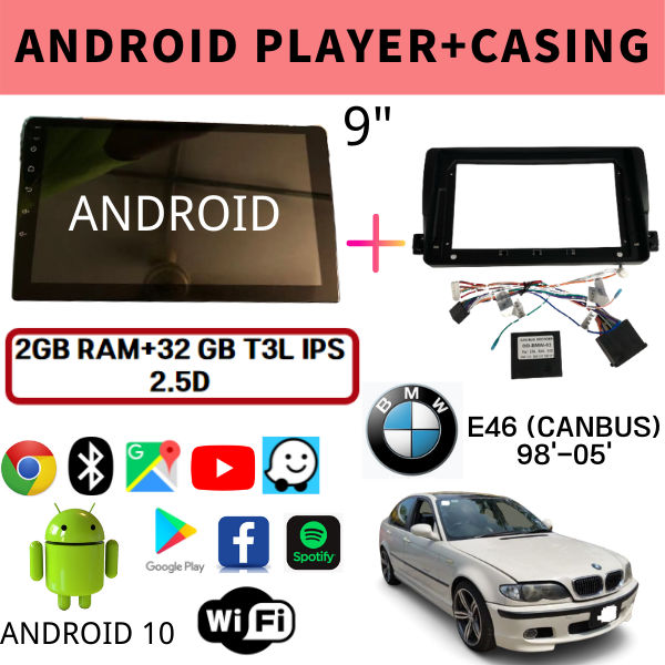 BMW E46 1998-2005 (CANBUS) 9" Inch Android 10 Car Android GPS Wifi Bluetooth Andriod Player With ...