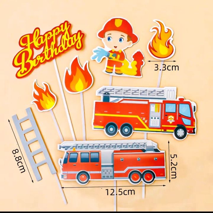 INS topper set Traffic fire fighting truck fleet paper card cake topper ...