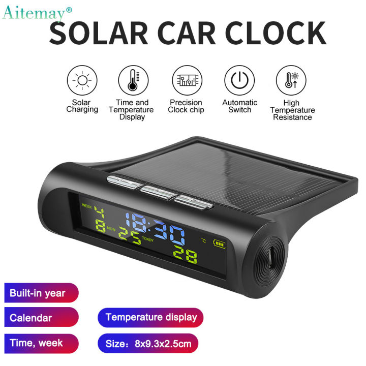 Aitemay LCD Digital Car Solar Clock with Date Week Time Interior ...