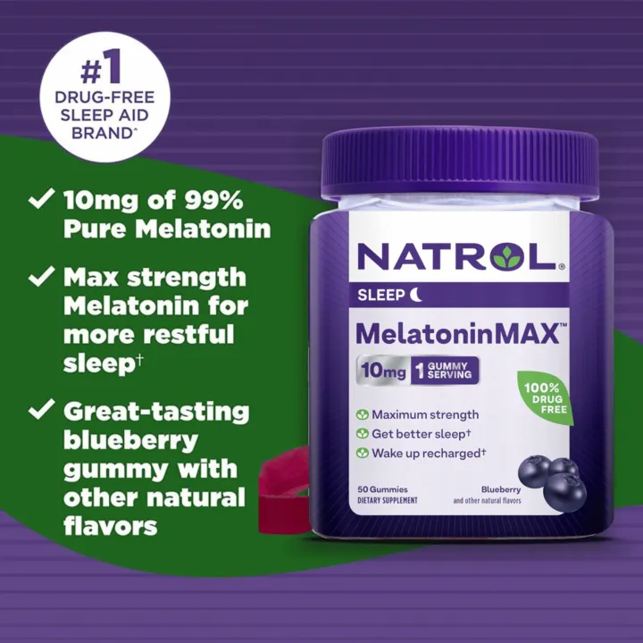 Natrol MelatoninMax 10mg (10mg per Gummy), Sleep Support, Melatonin, Maximum Strength, Blueberry ...