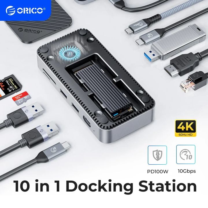 ORICO-USB C HUB with Cooling Fan M.2 NVMe SATA SSD Enclosure External 10Gbps 4K,60Hz HDMI-Com ...