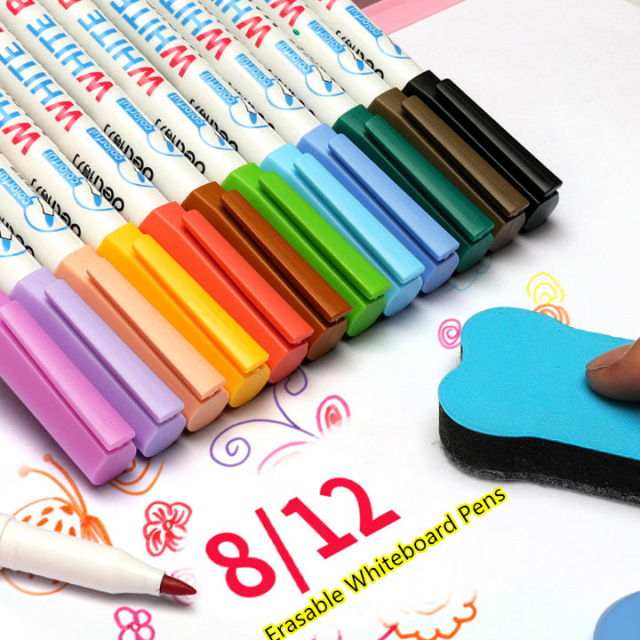 DUKEEN 8/12 Color Whiteboard Pen Set Erasable Marker Pen for White ...