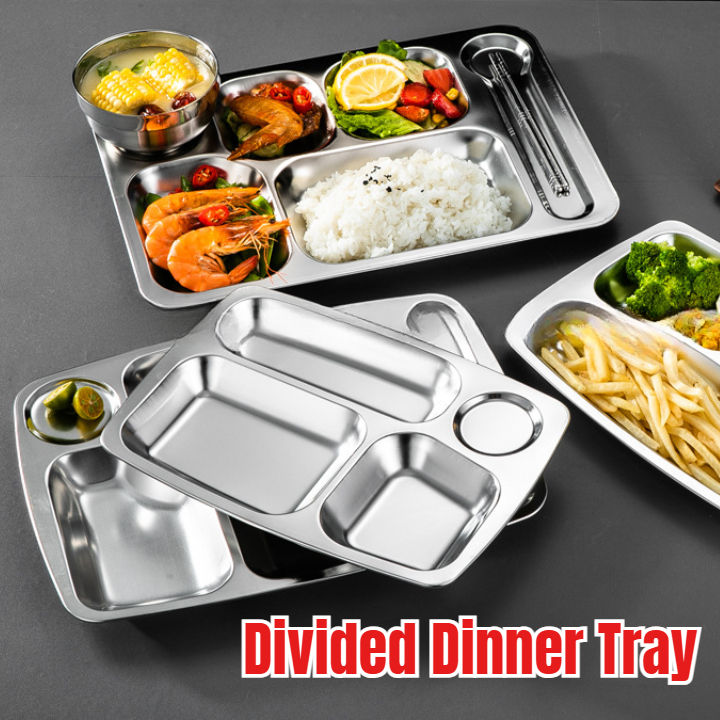 4 Grids Divided Tray Dinner Plates Stainless Steel Divided Tray Lunch ...