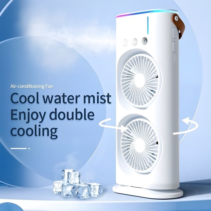 Dual Head Summer Air Cooler Mist Desk Fan USB Rechargeable with RGB LED ...