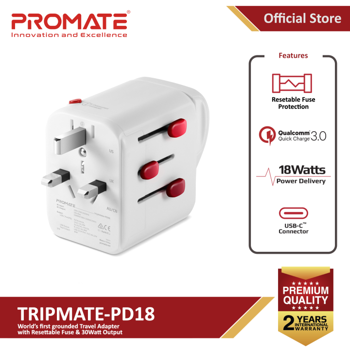 Promate Tripmate-PD18 Travel Adapter with Re-settable Fuse & 30 Watt ...