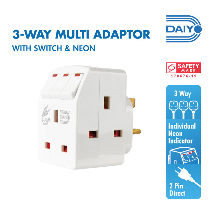 Daiyo DE 291 3 Way Multi Adaptor With Switch & Neon | Lazada Singapore