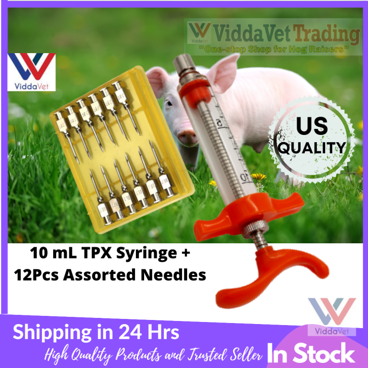 US QUALITY 10ml TPX Steel Syringe + 12Pcs Assorted Needles for Pig ...