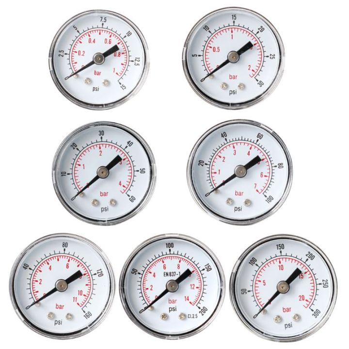 Pressure Gauge 40mm 1/8 BSPT Rear Back 15,30,60.100,160,300 PSI & Bar ...