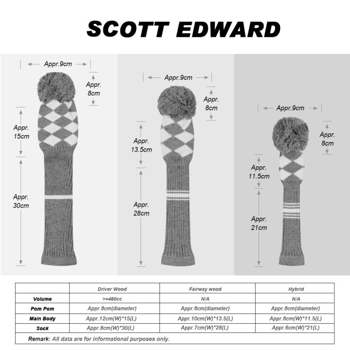 Scott Edward Golf Club Head Cover Set 5pcs with Knit Fluffy Pom Pom ...