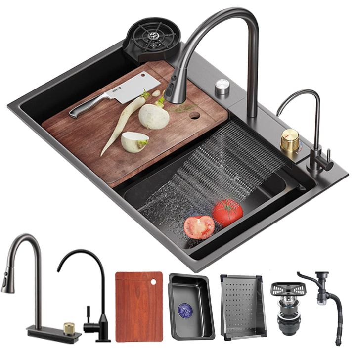 DOKIO 304 Kitchen Sink Stainless Steel Sink Waterfall Pull-Faucet Large ...
