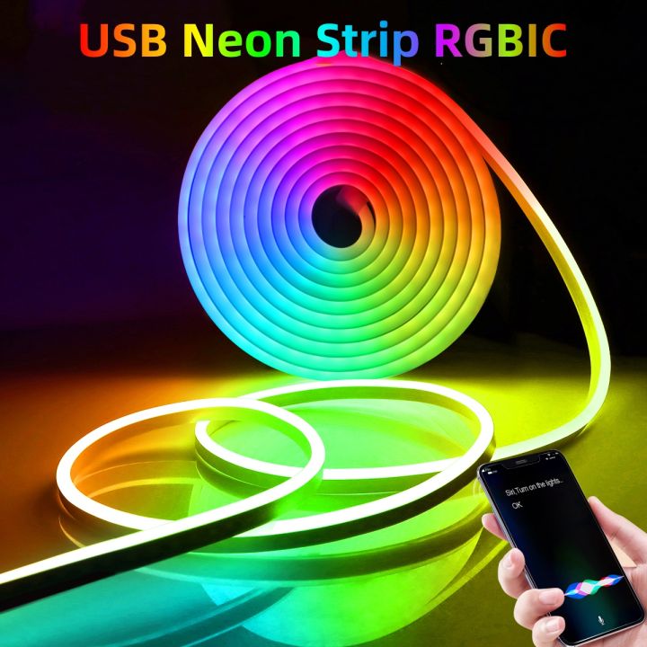 USB 5V นำแถบนีออนแสง RGBIC 108 Leds/m เทปเชือกซิลิโคนไล่สีฝันและบลูทูธควบคุมสำหรับห้อง DIY ...
