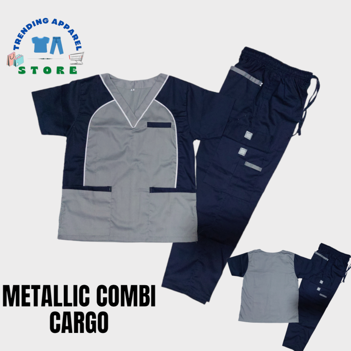 Scrub suit Set Metallic Gray / Navy Blue Combi Terno W/ 6 Pockets Cargo ...
