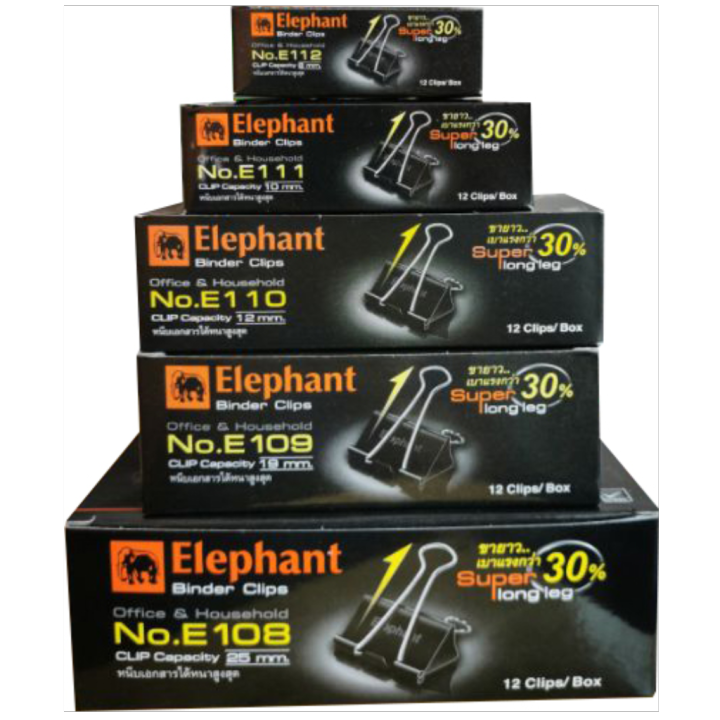 คลิปดำ คลิปหนีบกระดาษ ตราช้าง Elephant รุ่น E112 E111 E110 E109 และ E108 (12 ชิ้นต่อกล่อง ...