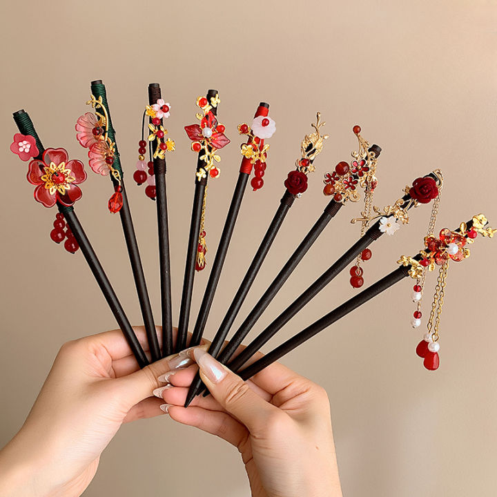 Chinese Style Wooden Tassel Hairpin for Women Vintage Elegant Hair ...