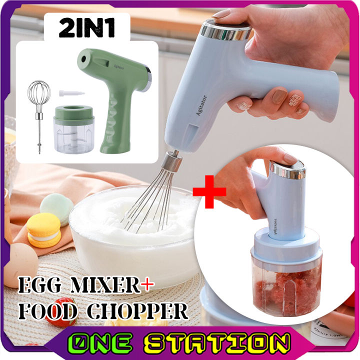 2in1 Wireless Egg Beater Hand Mixer Garlic Chopper Processor Blender Meat Grinder Baking Food ...