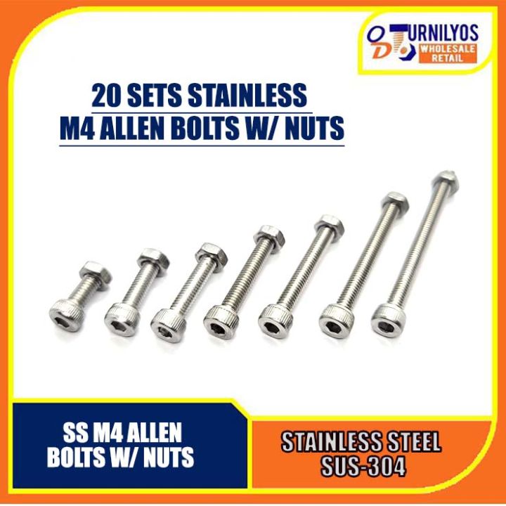 20 SET STAINLESS M4 ALLEN BOLTS WITH NUTS PITCH 0.7 SUS-304 | Lazada PH