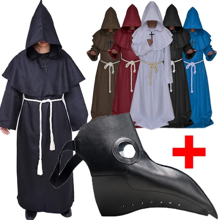 Halloween Medieval Hooded Robe Plague Doctor Cosplay Costume Mask Hat ...