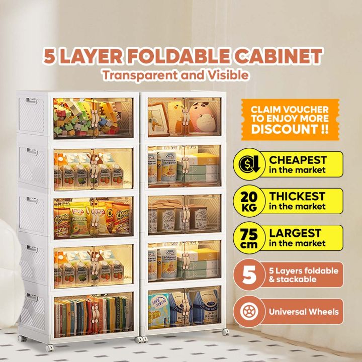 5 Layers Twin Door Foldable Storage Box with Wheel Cabinet Transparent ...