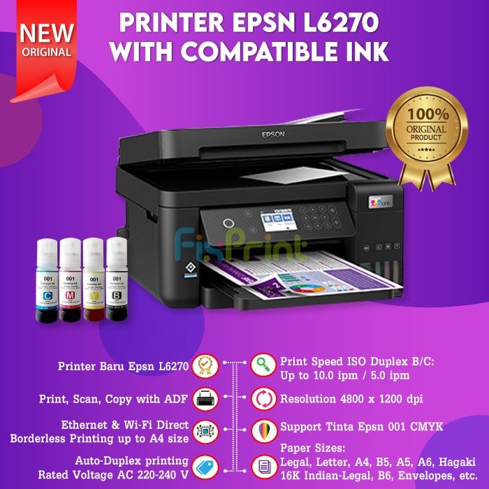 Printer Epson EcoTank L6270 A4 Print-Scan-Copy Wi-Fi Duplex Multifungsi ...