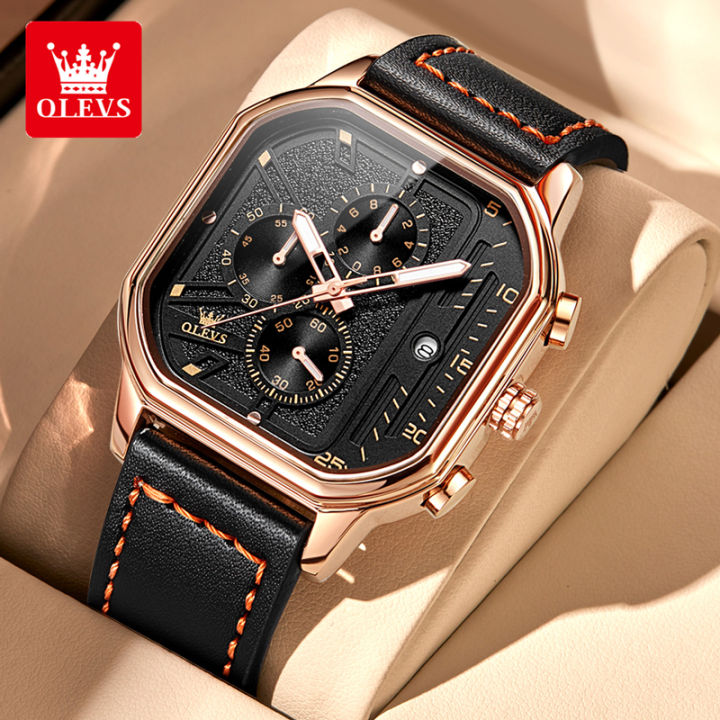 OLEVS 2024ใหม่นาฬิกาผู้ชายสแควร์หน้าปัดขนาดใหญ่กันน้ำส่องสว่างแนวโน้มแฟชั่นหนังต้นฉบับนาฬิกา ...
