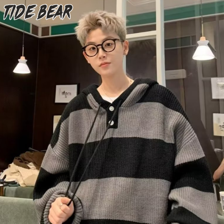 TIDE BEAR เสื้อสเวตเตอร์แบบสวมหัวแนวเรโทรสำหรับผู้ชายเสื้อสเวตเตอร์ถัก ...