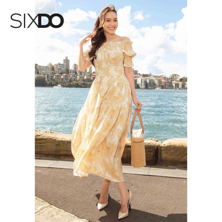 Đầm hoa linen trễ vai SIXDO (White Floral Off-shoulder Midi Linen Dress ...