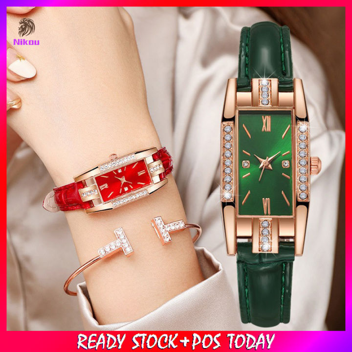 Nikou Ladies Quartz Watch Square Waterproof Korean Small Green Strap ...
