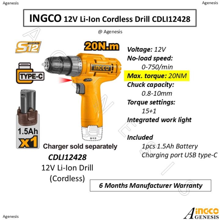 INGCO 12V LI-Ion Cordless Drill CDLI12428 | Lazada Singapore