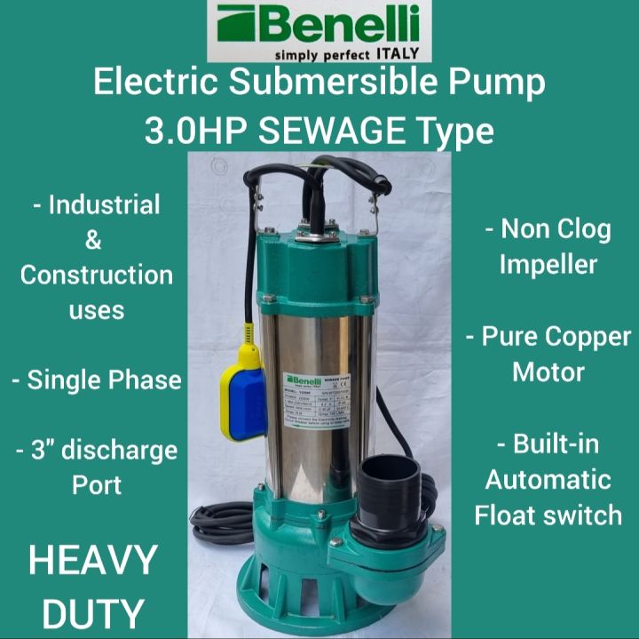 BENELLI Electric Submersible Pump 3.0HP Sewage type 3" output w/Automatic Float Switch HEAVY ...