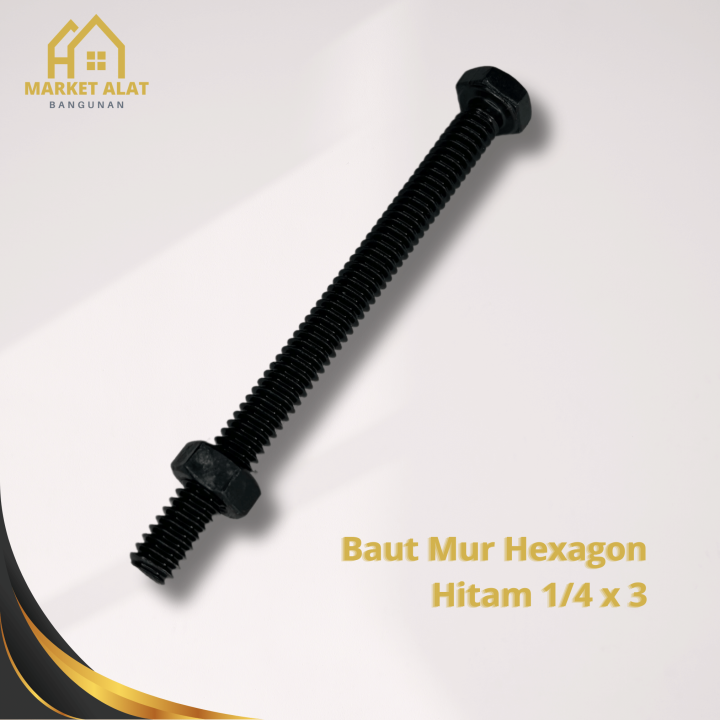 Baut Mur Hexagon 1/4 x 3 UNC Baja Hitam Kunci 10 / Full Set Baut Hex ...