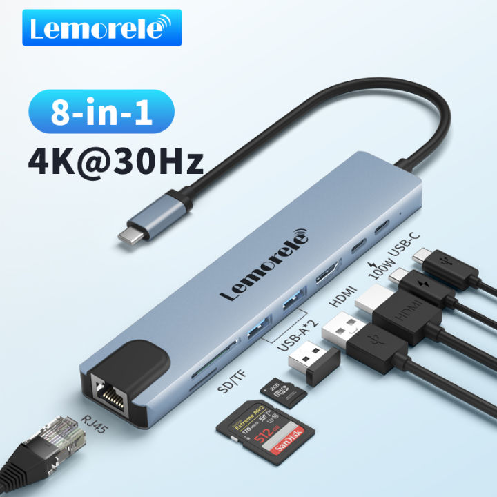 Lemorele TC19 USB C hub 8 in 1 USB C hub multi port adapter USB 3.0 port USB C data port SD/TF ...