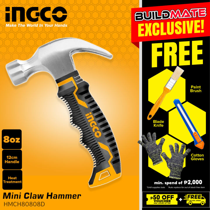 BUILDMATE Ingco Mini Claw Hammer 8oz Mini Stubby Hammers Tools Fiberglass Handle for Home Repair ...