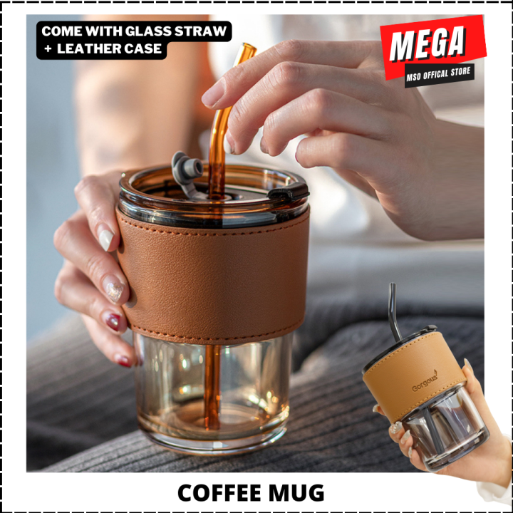 Glass Coffee Mug Straw Cup with Lid Heat Cold Hot Resistant Iced Water ...