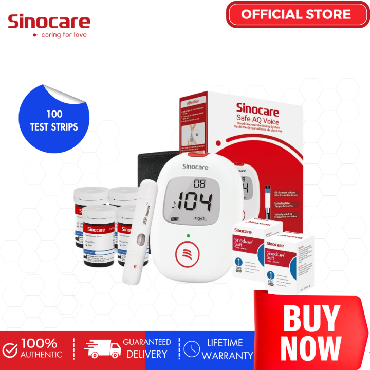 Sinocare Safe-AQ Voice Glucometer with 100pcs Blood Glucose Test Strips ...