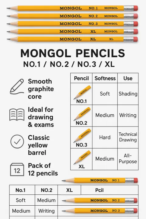 Mongol Pencils No.1 / No.2 / No.3 / XL – Pack of 12 | Smooth Graphite ...