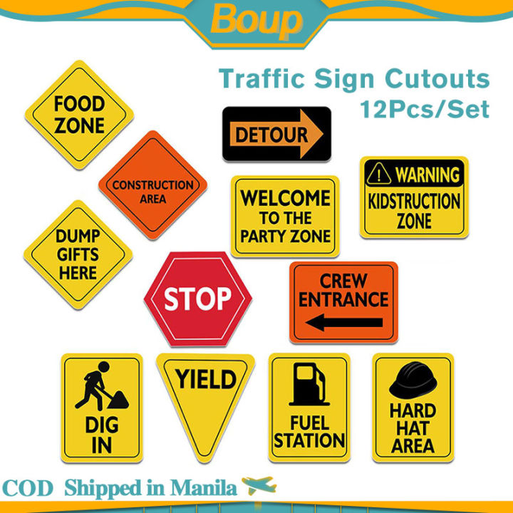 12Pcs Construction Birthday Party Supplies Signs Traffic Cutout Signs ...