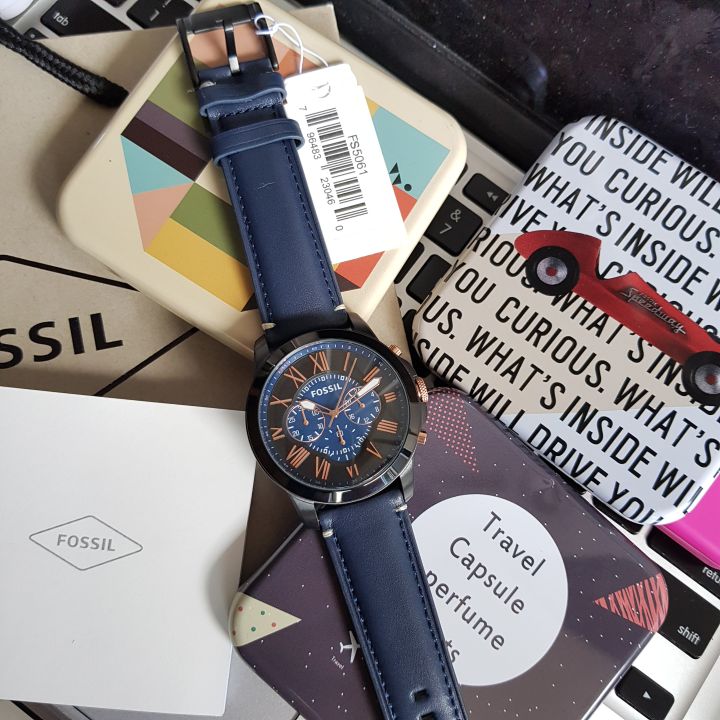 Fossil Grant Chronograph Navy Blue Leather Men's Watch FS5061 | Lazada PH