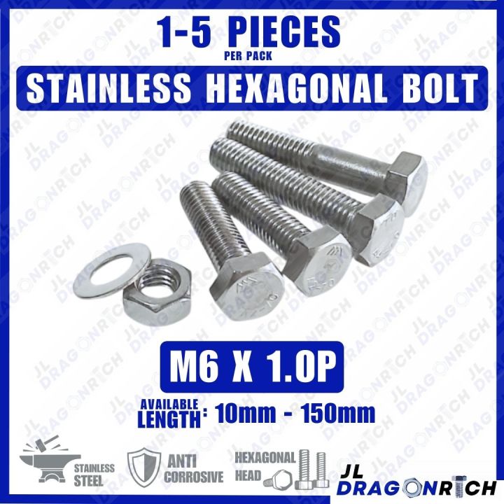 1-5PCS M6 SS Hexagonal Bolt 6mm Stainless Steel 304 Turnilyo Capscrew ...