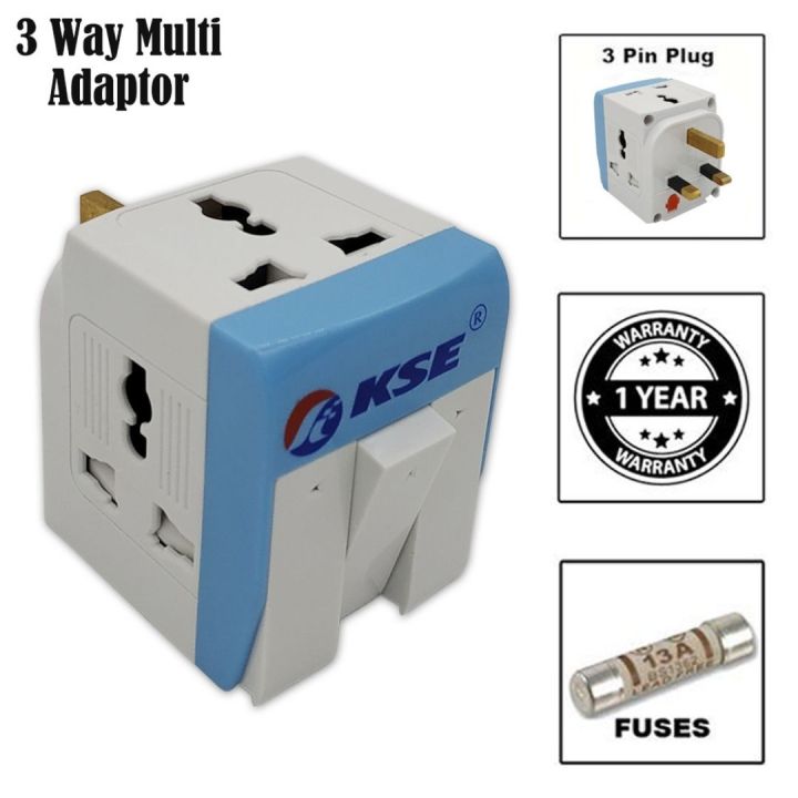KSE 3 Way Multi Universal Plug Socket Adapter With On & Off Switch - 1 ...