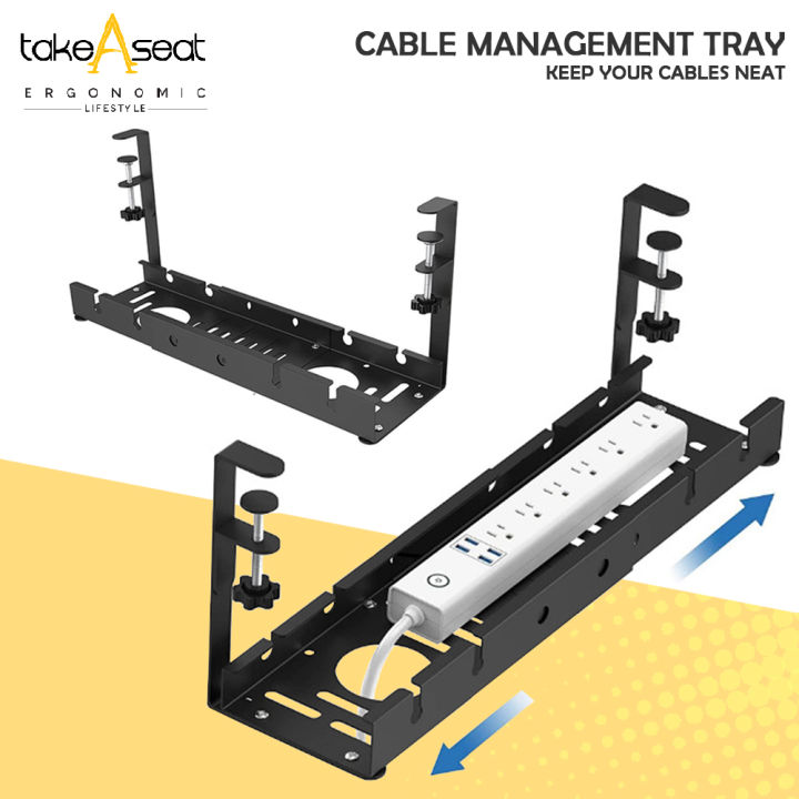 Adjustable Cable Management Tray ★ Under Desk Clamp On Cable Organizer ...