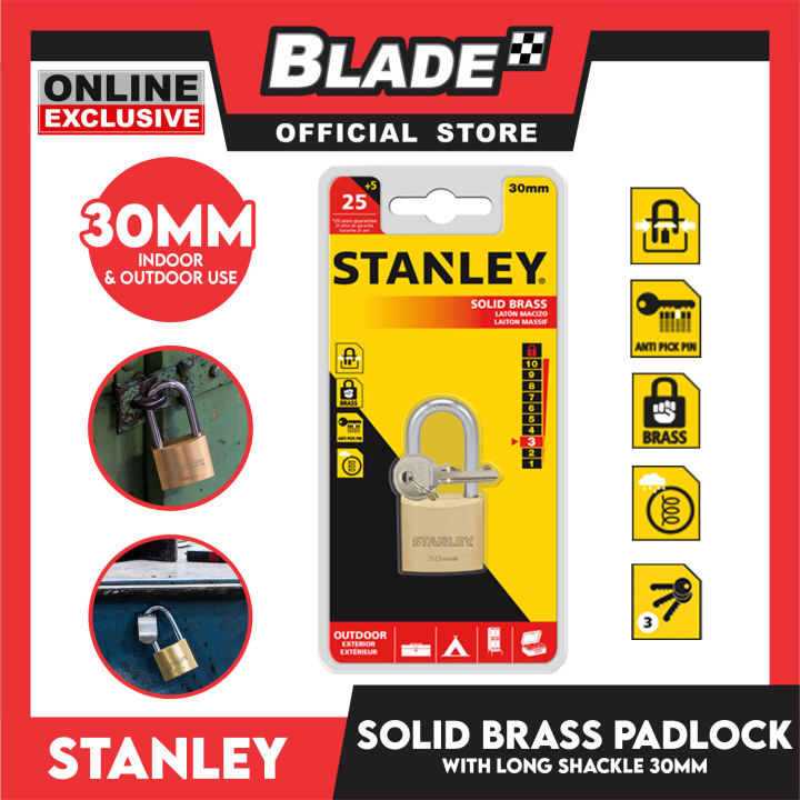 Stanley Solid Brass Long Padlock with Long Shackle 30mm Heavy Duty ...