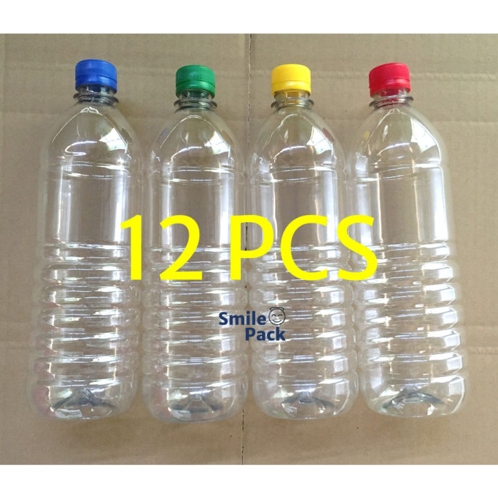 PET Plastic Bottle with COLOR Caps 1 liter - BOX of 12 pcs 1L 1000 ml GREEN, YELLOW, BLUE, RED ...