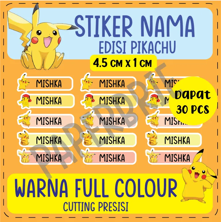 Stiker label nama PIKACHU BASIC anak Sticker buku anak sticker pensil ...