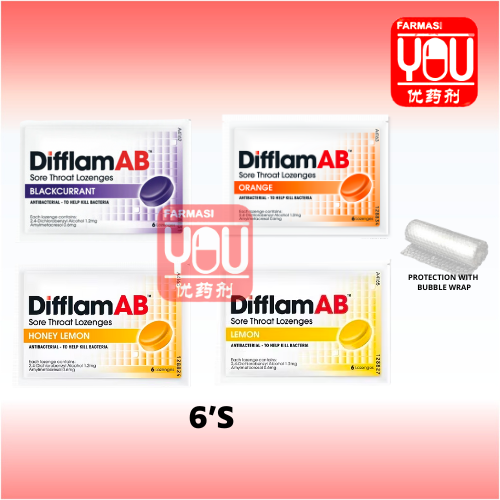 [YOUPHARMACY] 𝐄𝐗𝐏 12/2025 DIFFLAM AB SORE THROAT LOZENGES 6'S (BLACKCURRANT / ORANGE / HONEY ...