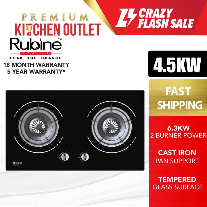 RUBINE 2 Burners Black Tempered Glass Gas Stove Glass Hob (4.5kW) RGH ...