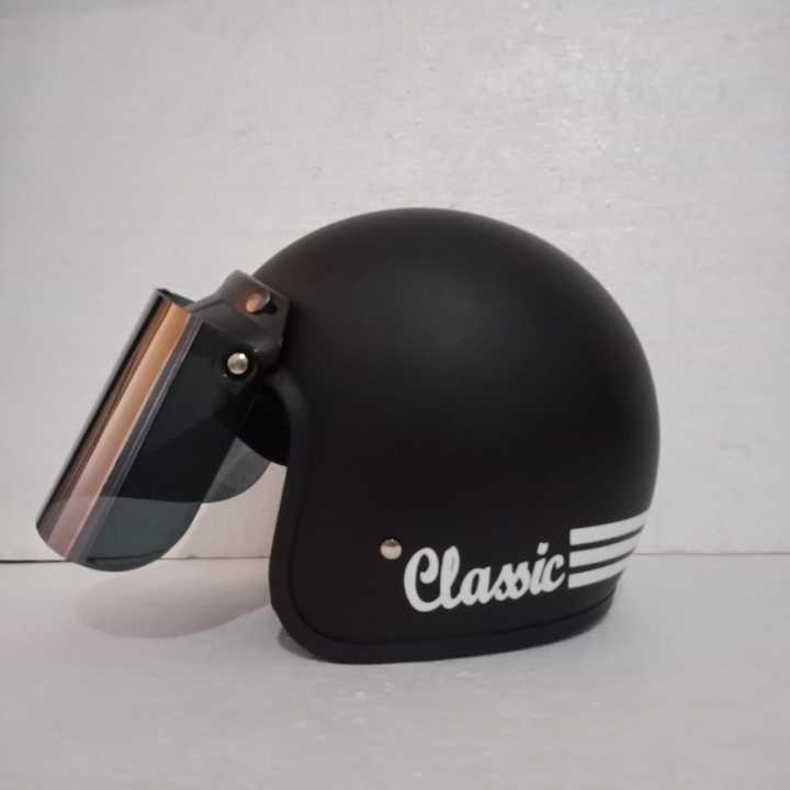 HELM BOGO RETRO CLASSIC DEWASA WARNA HITAM DOFF KACA DATAR SILVER ...