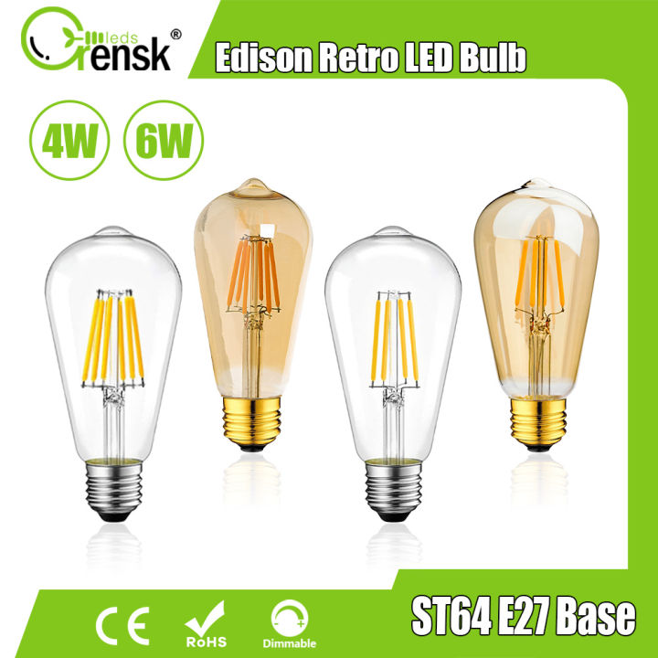 Vintage Edison Led Filament Bulb ST64 4W 6W Amber Clear Glass Light Lamp E27 Base Warm White ...