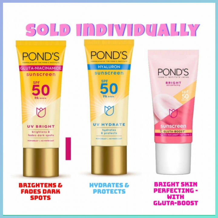 POND'S SUNSCREEN SPF50 (Hyaluron 50ml / Gluta-Niacinamide 50ml / Bright ...