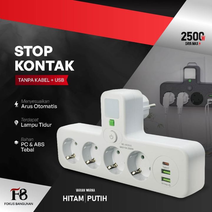 Power Shocket Colokan Listrik USB 2500W 3/4/5 Lubang Hitam 8023 UL ...